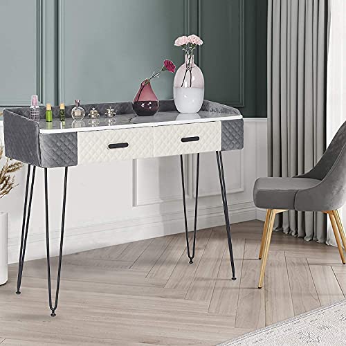 Joveco 40ββ Vanity Table with 2 Drawers- Modern Makeup Vanity Desk- Dressing Table Small Desks for Bedrooms- Home Office Computer Desk- White Marble Wood Veneer/Gold Metal Legs and Gray/White