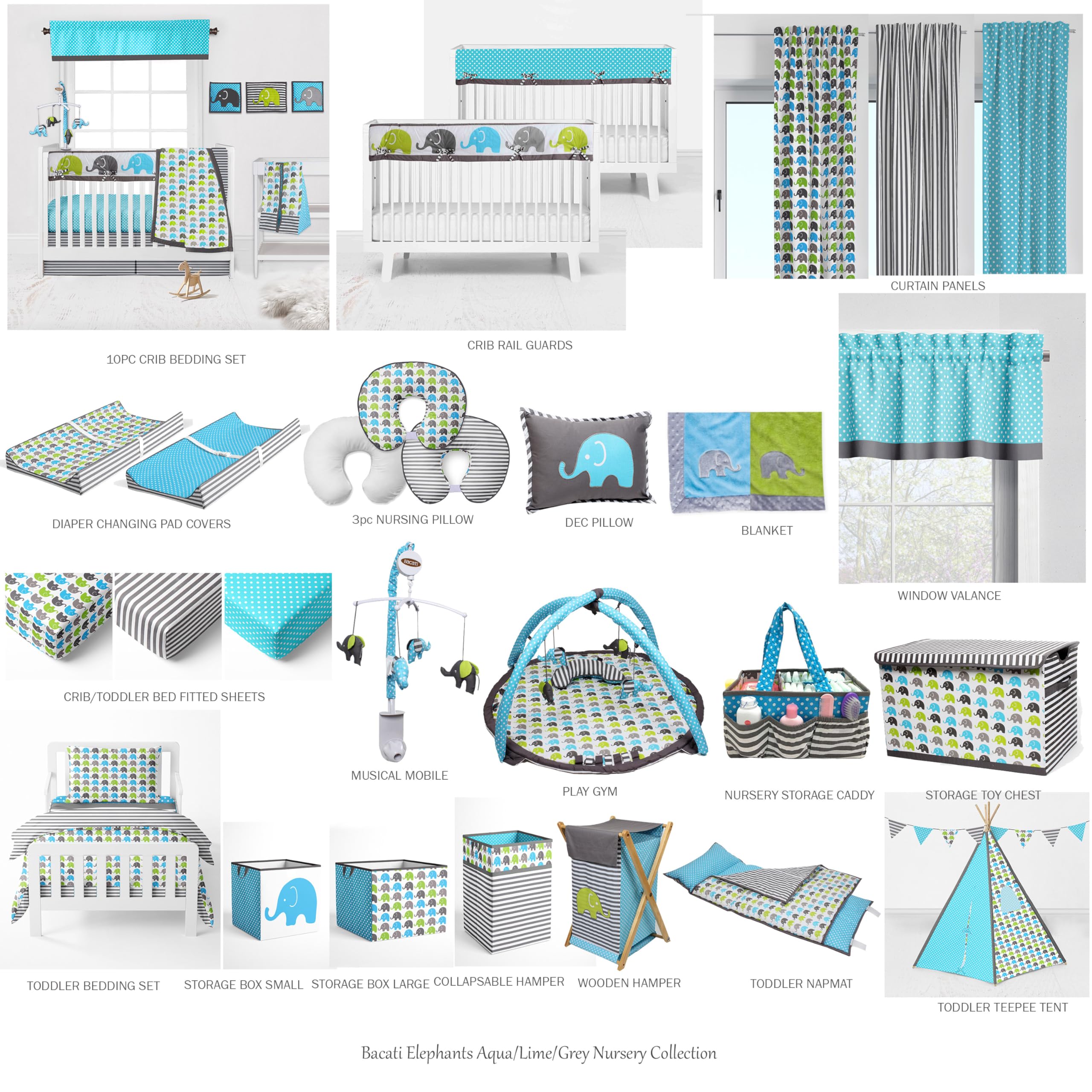 Bacati - Toy Chest Playful Elephants Aqua/Lime/Grey