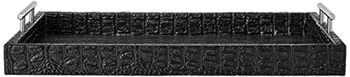 American Atelier Alligator Leather Serving Tray with Metal Handles, Black Large