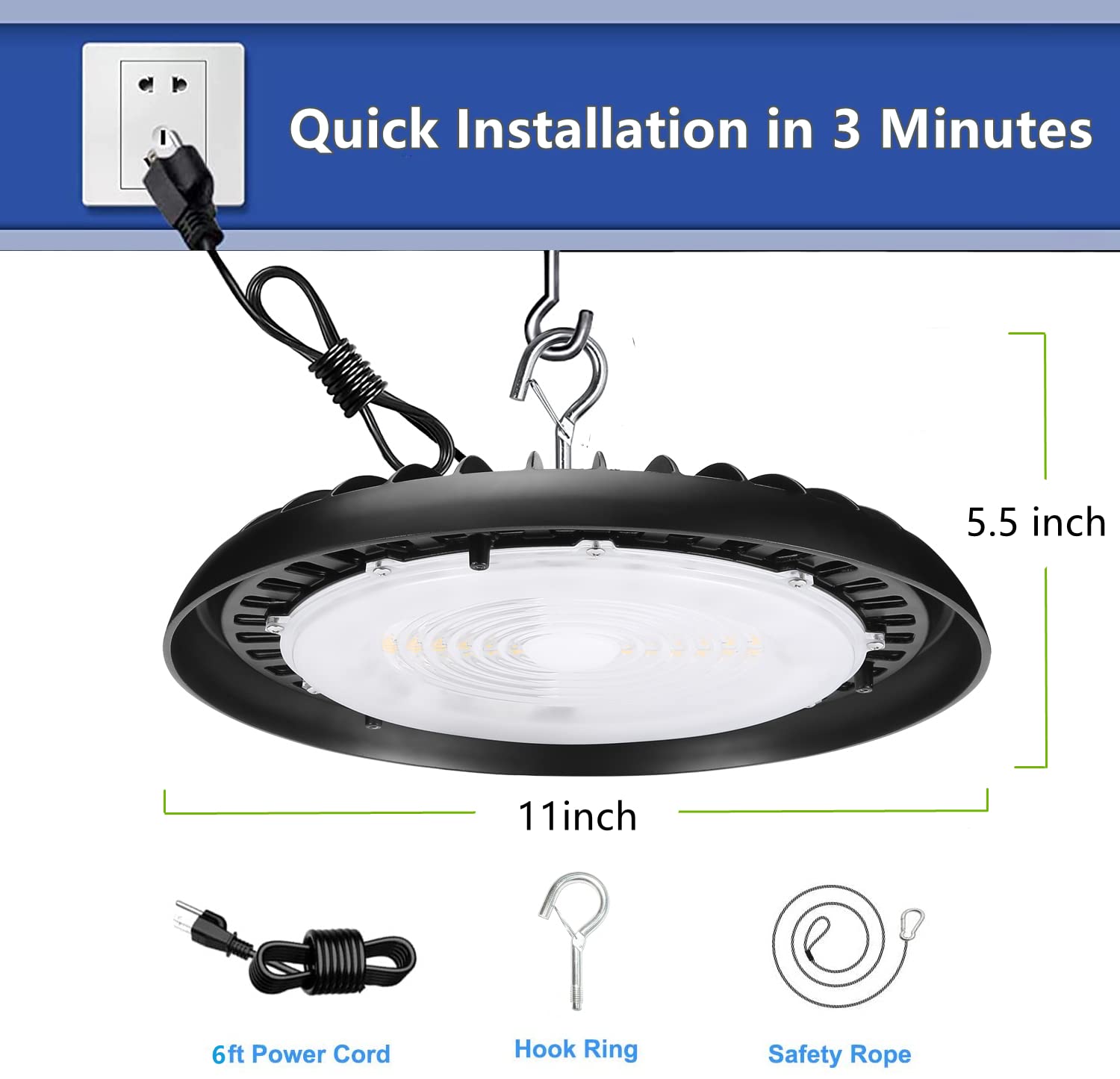 2 Pack LED High Bay Light with US Plug 6FT Cable, 120V 150W 19500LM 5000K Daylight, 600W-800W HID/HPS Equivalent, UL IP65 Commercial Warehouse Lighting for Workshop,Garage, Gym,Factory, Non-Dim