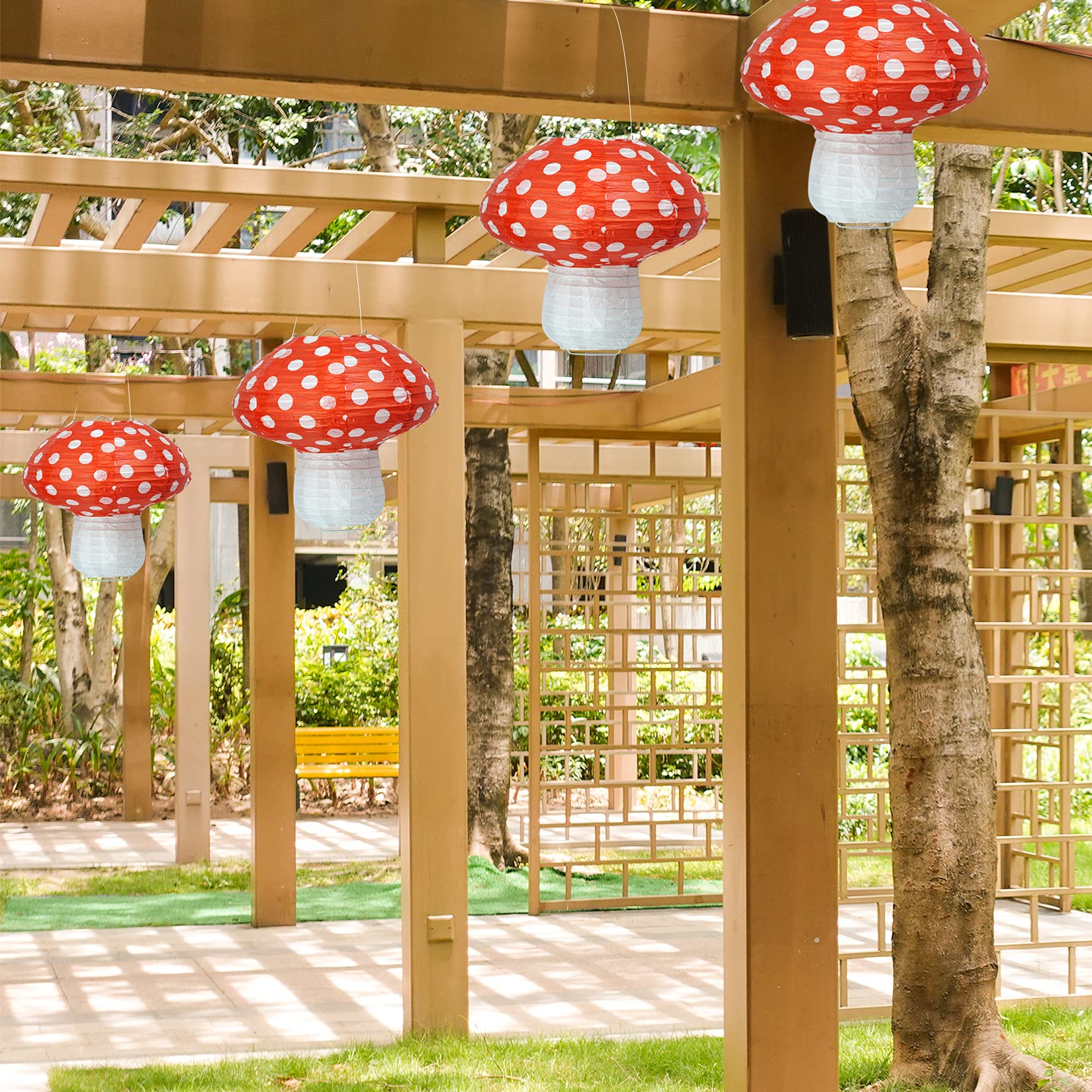 3pcs Mushroom Shaped Paper Lanterns 3D Foldable Hanging Lanterns Halloween Ornament Backdrop for Jungle Wonderland Theme Birthday Wedding Party Fairy Baby Shower Garden Decor (Red, 7.9 inch)