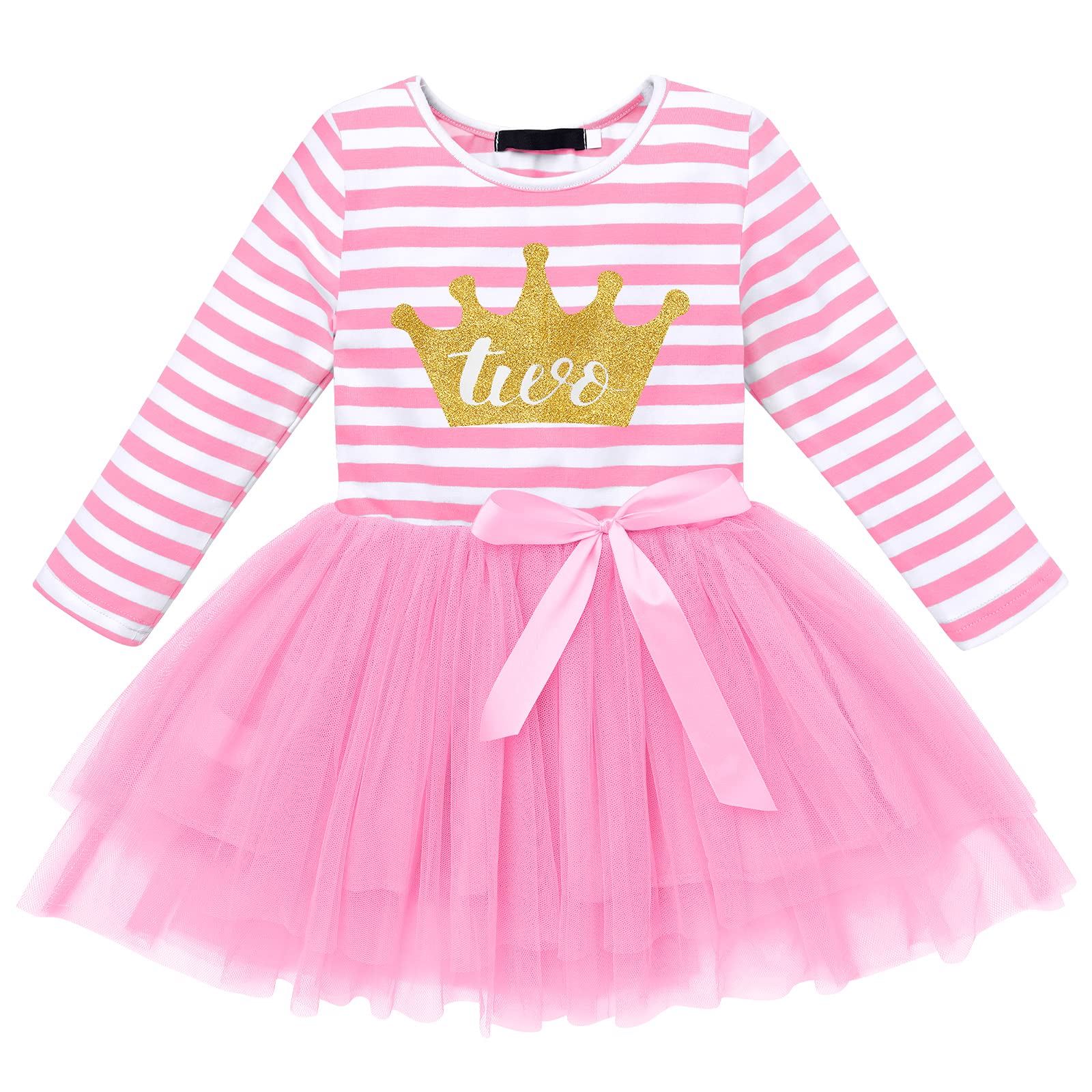 Baby Girls Shinny Striped 1st/2nd/3rd Birthday Long Sleeve Printed Princess Cake Smash Tutu Tulle Dress Toddler Kids Outfit Pink Crown (Two Year) One Size