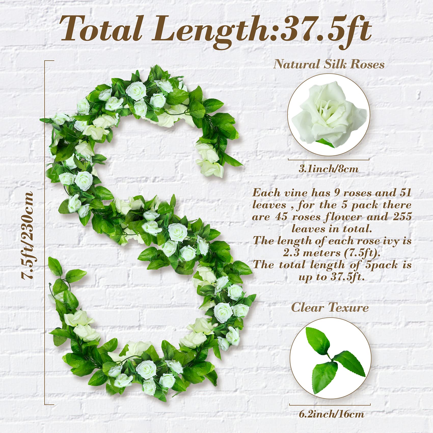 ASHINER 5 Pack 37.5 FT Artificial White Flower Garlands Fake Rose Vines Fall Decor Faux Floral Wall Hanging Plants for Wedding Arch Garden Home Party