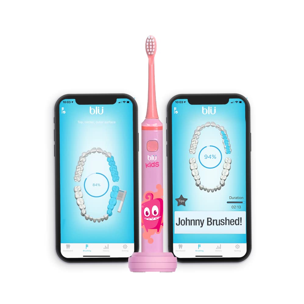 Blu Smart Bluetooth Enabled Kids Toothbrush with Live Tracking App to Teach Children Healthy Brushing Habits, Share Results with Your Dentist, Wireless Rechargeable Electric (Pink)