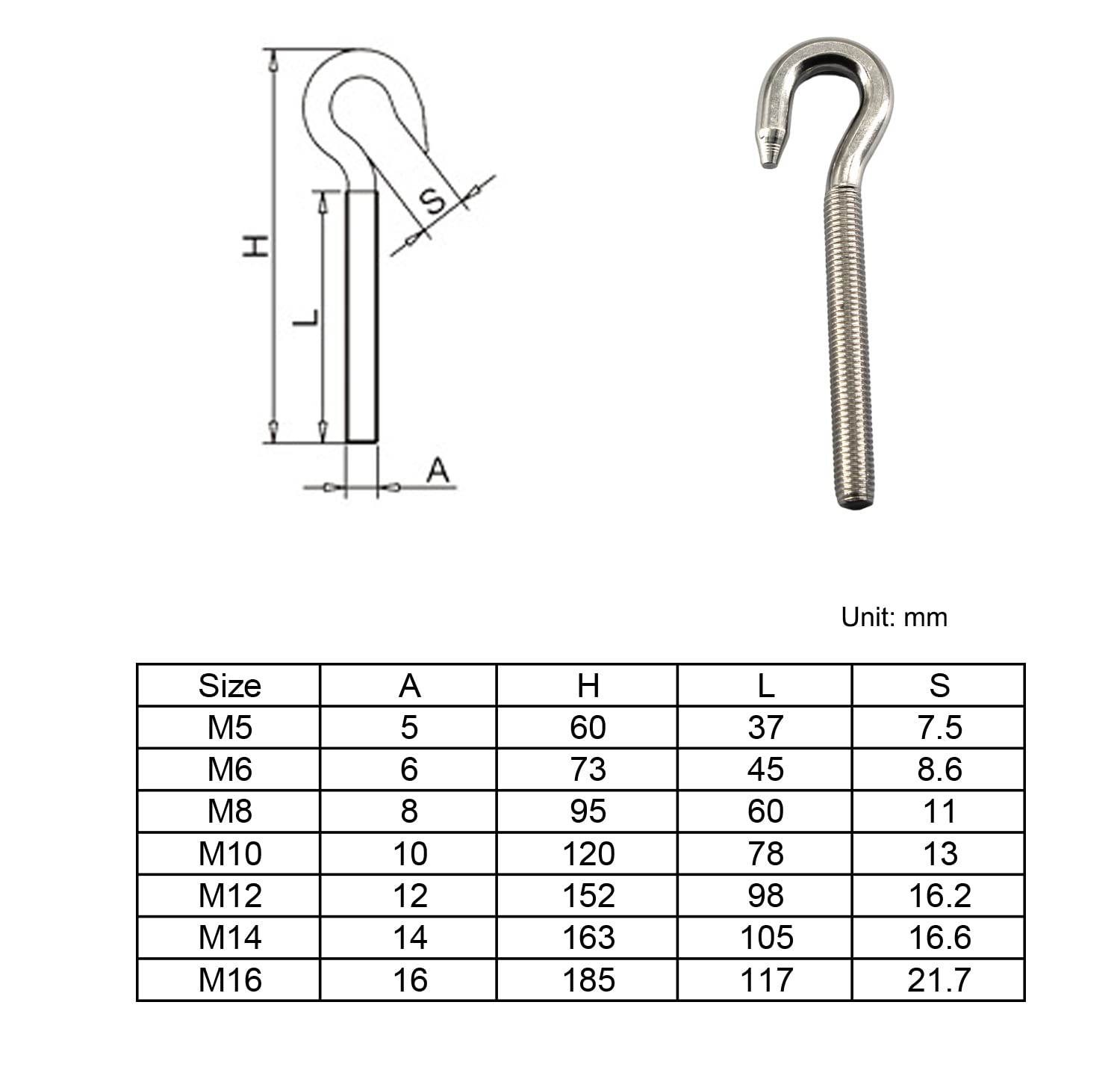 16Pcs M5 Stainless Steel Eye Bolt with Nut and Washers Long Shank Threaded Rod Round Hook Eyelet Bolt Screw