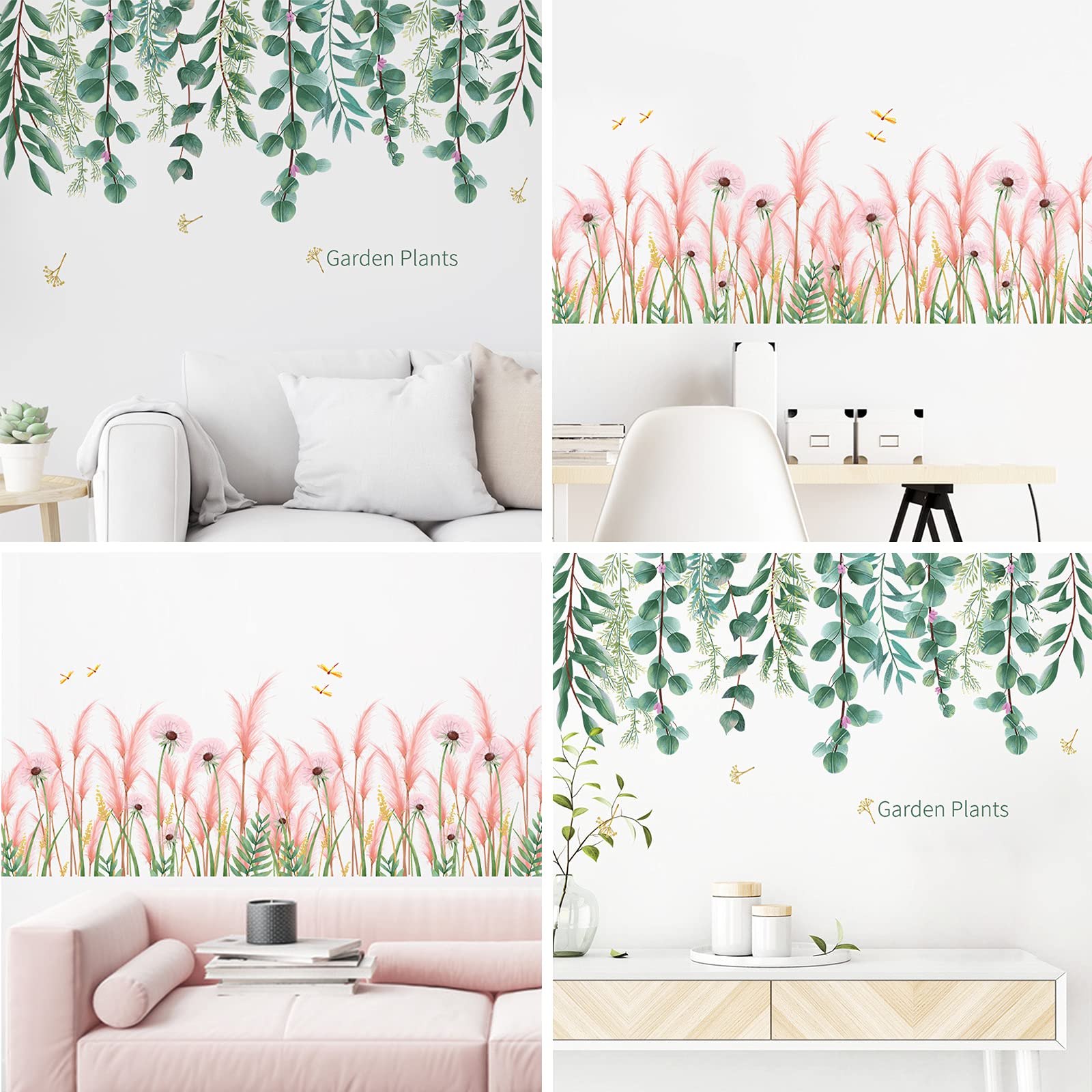 3Pcs Tropical Plants Flowers Vine Wall Corner Stickers, Removable Green Plants Fresh Leaves Flower Wallpaper Decals, Garden DIY Art Mural for Nursery Bedroom Kitchen Offices Home Decorations (B)