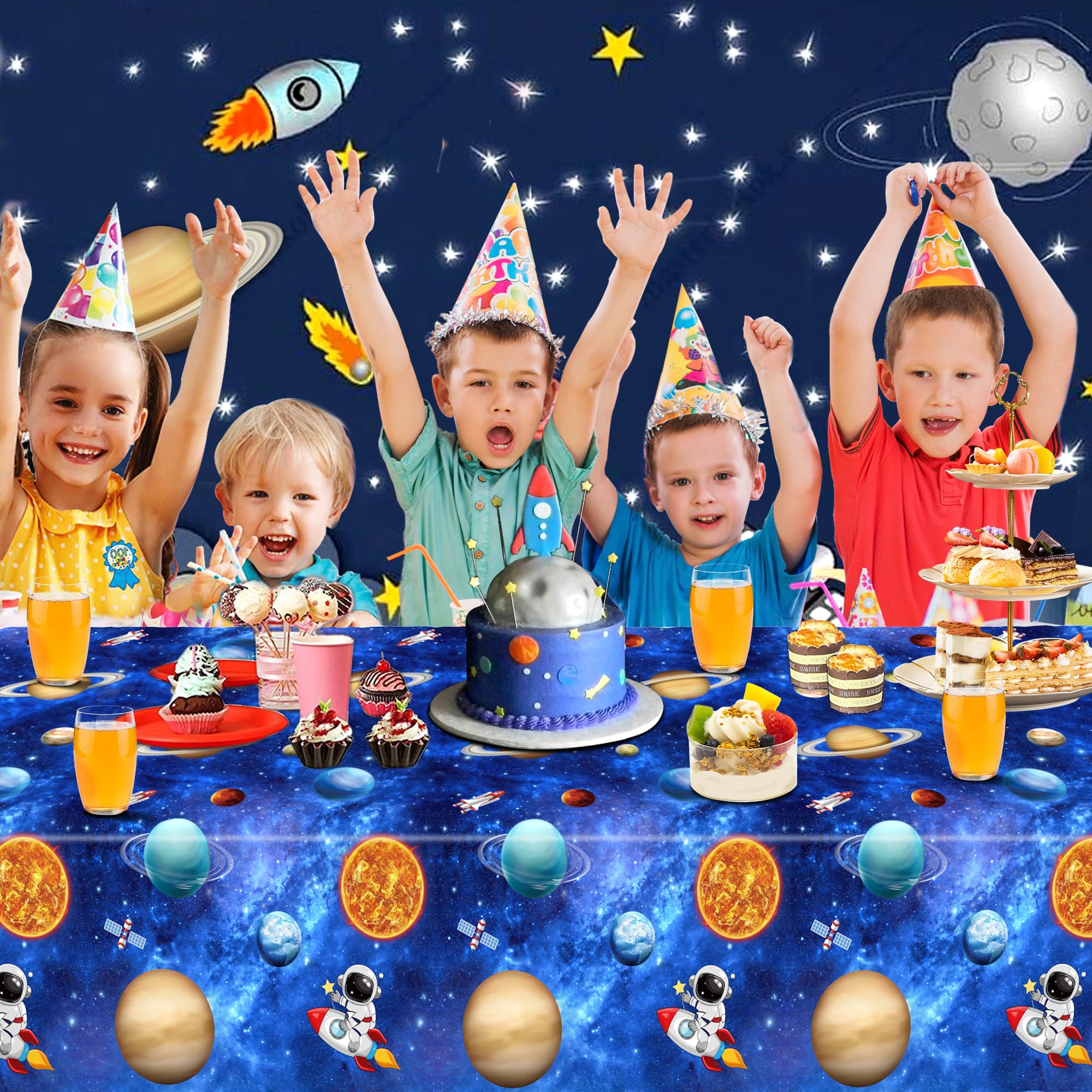 3 Pack Space Tablecloth Outer Space Themed Birthday Party Supplies Decorations First Trip Around The Sun Decorations Solar System Galaxy Planets Astronaut Party for Kids (54" X108")