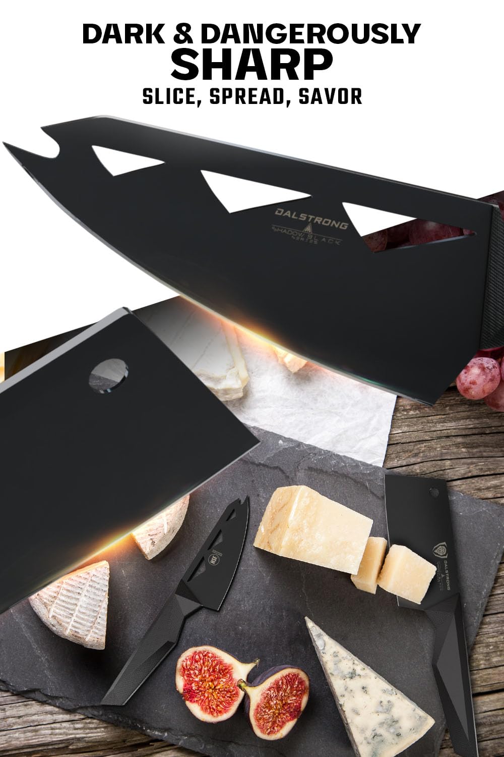 DALSTRONG Cheese Knife Set - 4-Piece - Shadow Black Series - Black Titanium Nitride Coated - High Carbon - 7CR17MOV-X Vacuum Treated Steel Cheese Knives Set - Sheath - Soft Hard Cheese - NSF Certified