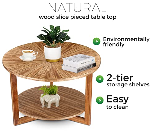 Coffee Tables for Living Room, Small Round Coffee Table with Storage, Mid Century Modern Solid Wood Coffee Table, Rustic Wooden Circle Center Table Living Room Furniture, Brown Tea Table