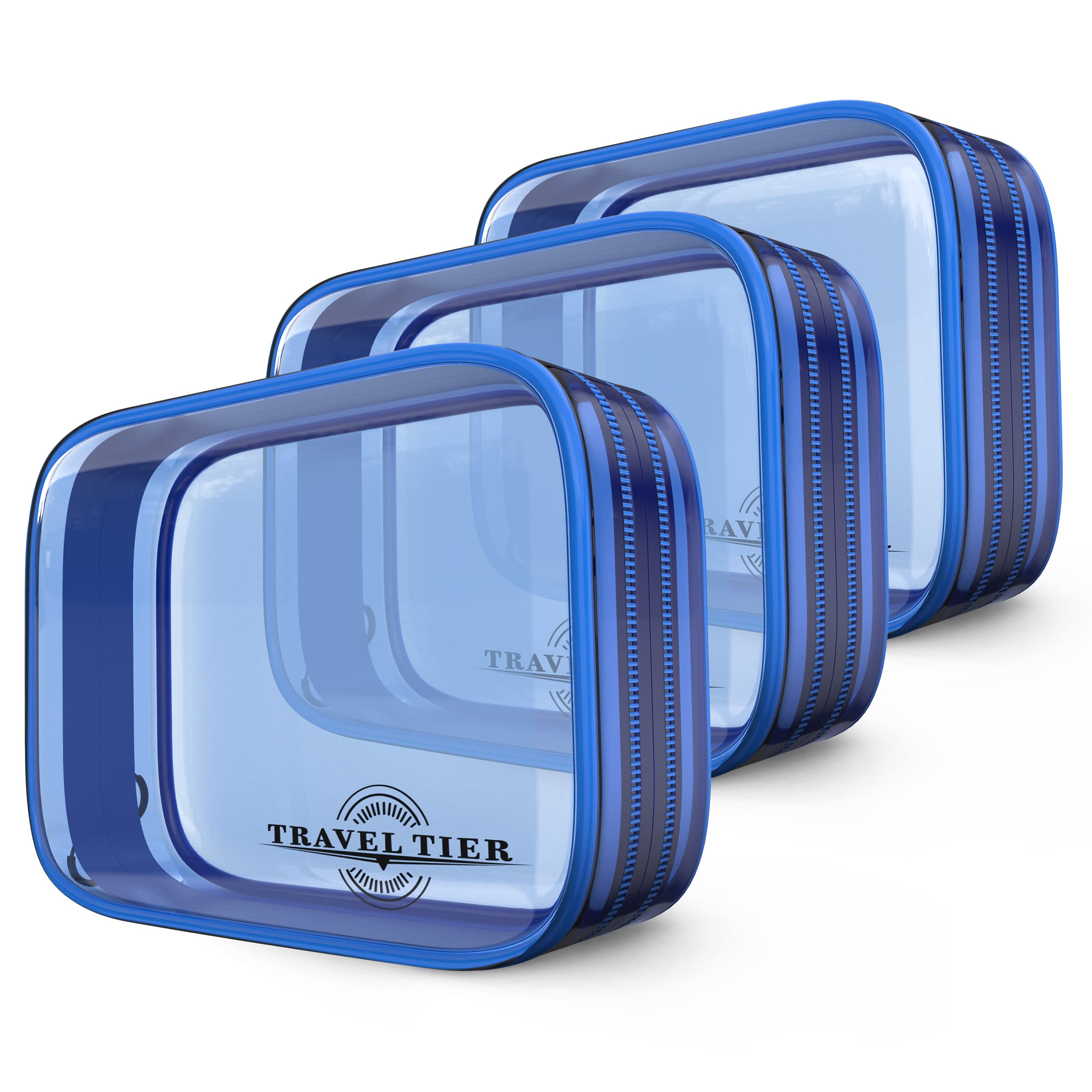 3 Pack Transparent Quart Size TSA Approved Toiletry Bags/Make Up Bags (Blue)