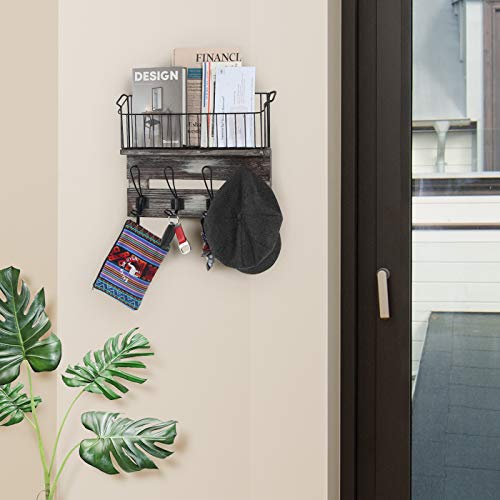 J JACKCUBE DESIGN Wall Mount Rustic Wood Entryway Storage Shelf with 4 Hooks, Coat Rack and Black Metal Wire Basket, Hanging Organizer for Mail and Key - MK522A
