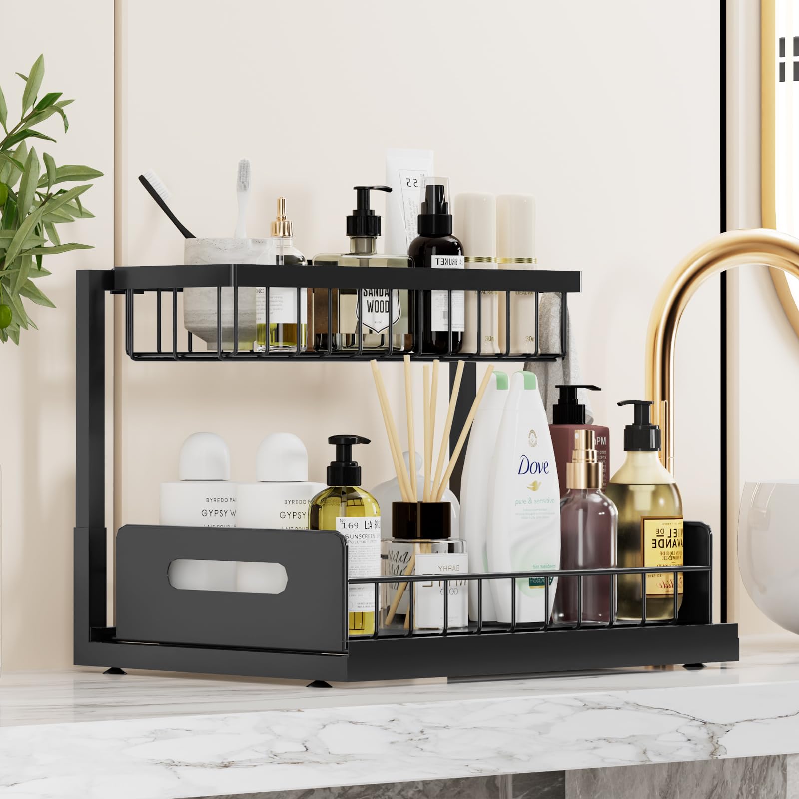 2 Pack Under Sink Organizer, 2 Tier Pull Out Cabinet Organizer Slide Out Sink Shelf Cabinet Storage Shelves, Under Sink Organizer and Storage for Kitchen Bathroom (2 Pack)