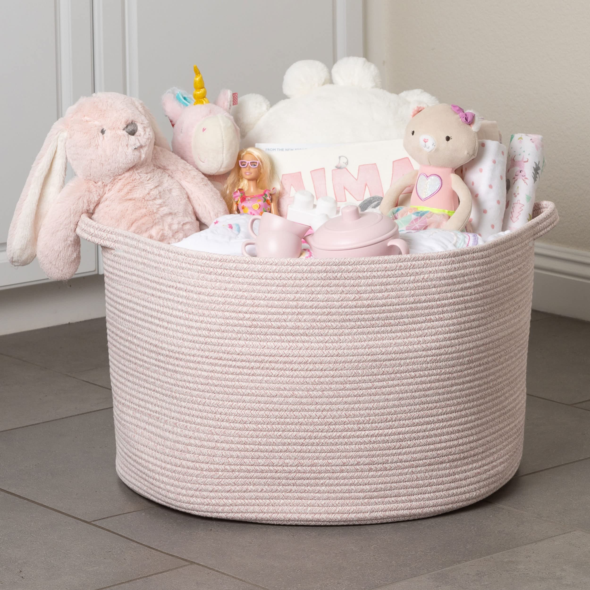 Pink Storage Basket - 22”x14” | Baby Girl Laundry Basket | Toy Bin | Woven Baskets for Storage | Fabric Laundry Baskets for Storage
