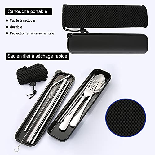 DAONG Portable Cutlery Set, Camping Cutlery Set, Travel Cutlery Set, Stainless Steel Table Cutlery Set, with Organiser for Home, Kitchen, School, Workplace, Lunch Box (Silver 9 pieces)