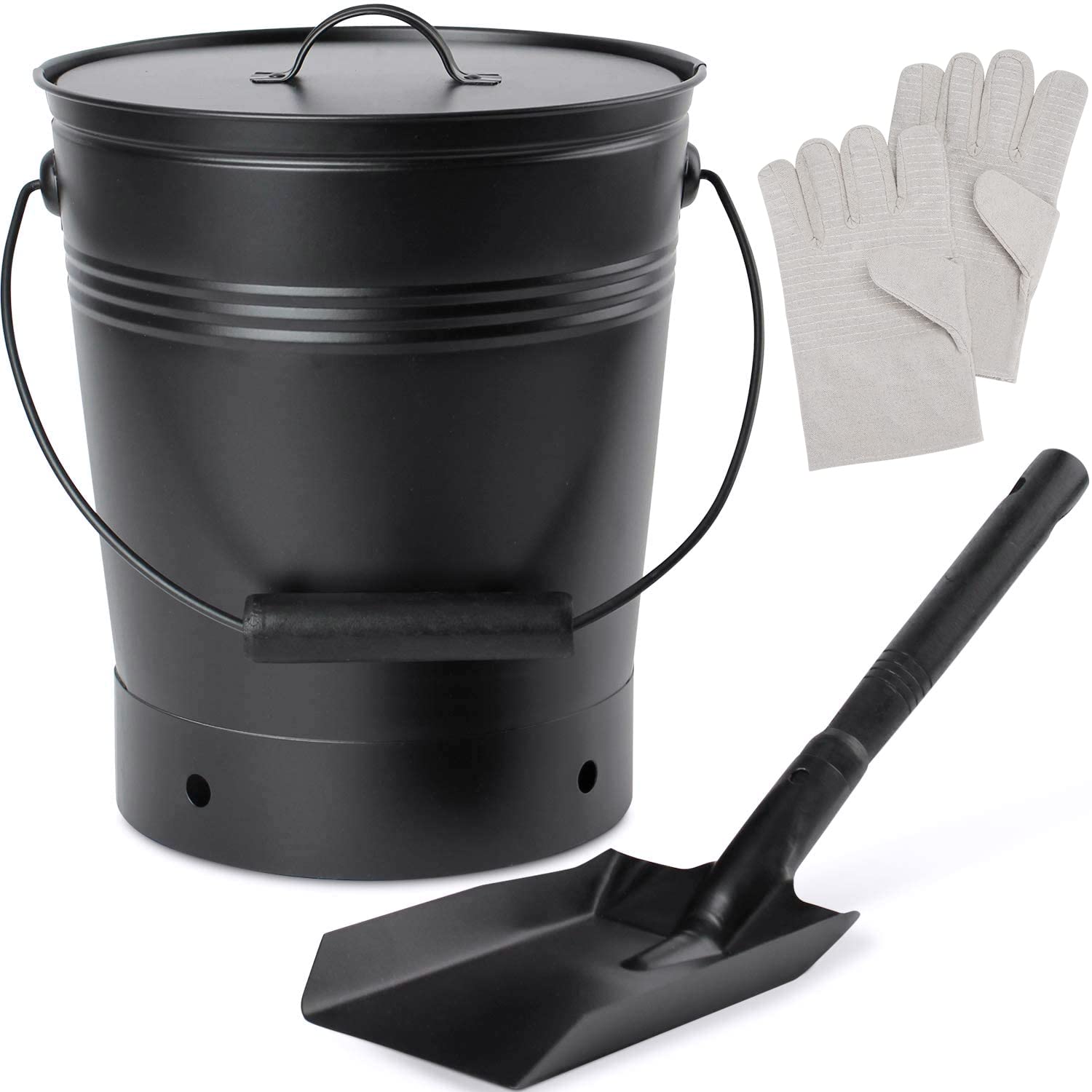 Ash Bucket with Lid and Coal Shovel, Fireplace Metal Bucket, Charcoal Bucket, Ash Can, Galvanized Iron Ash Bucket for Hearth, Fire Pit, Wood Burning Stove, Grill, Black