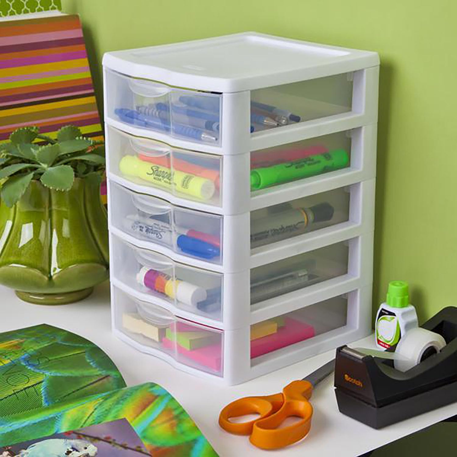 5 Unit Plastic Shelves Drawer Organizer Shelving Storage Set Solution Stackable With Clear Drawer Handles for Home Office School Kids Cabinets Dresser Makeup Accessory Utility Tool -White/Clear (2)