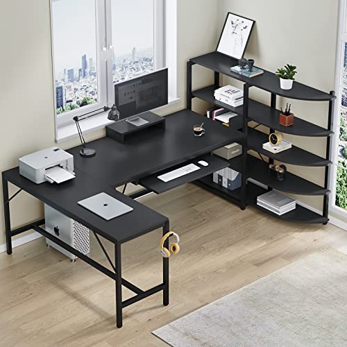 SEDETA L Shaped Computer Desk, 63'' Corner Gaming Desk, Computer Desk with Storage Shelves, Keyboard Tray, Monitor Stand and Headphone Hook, Corner Gaming Desk with LED Lights, Black