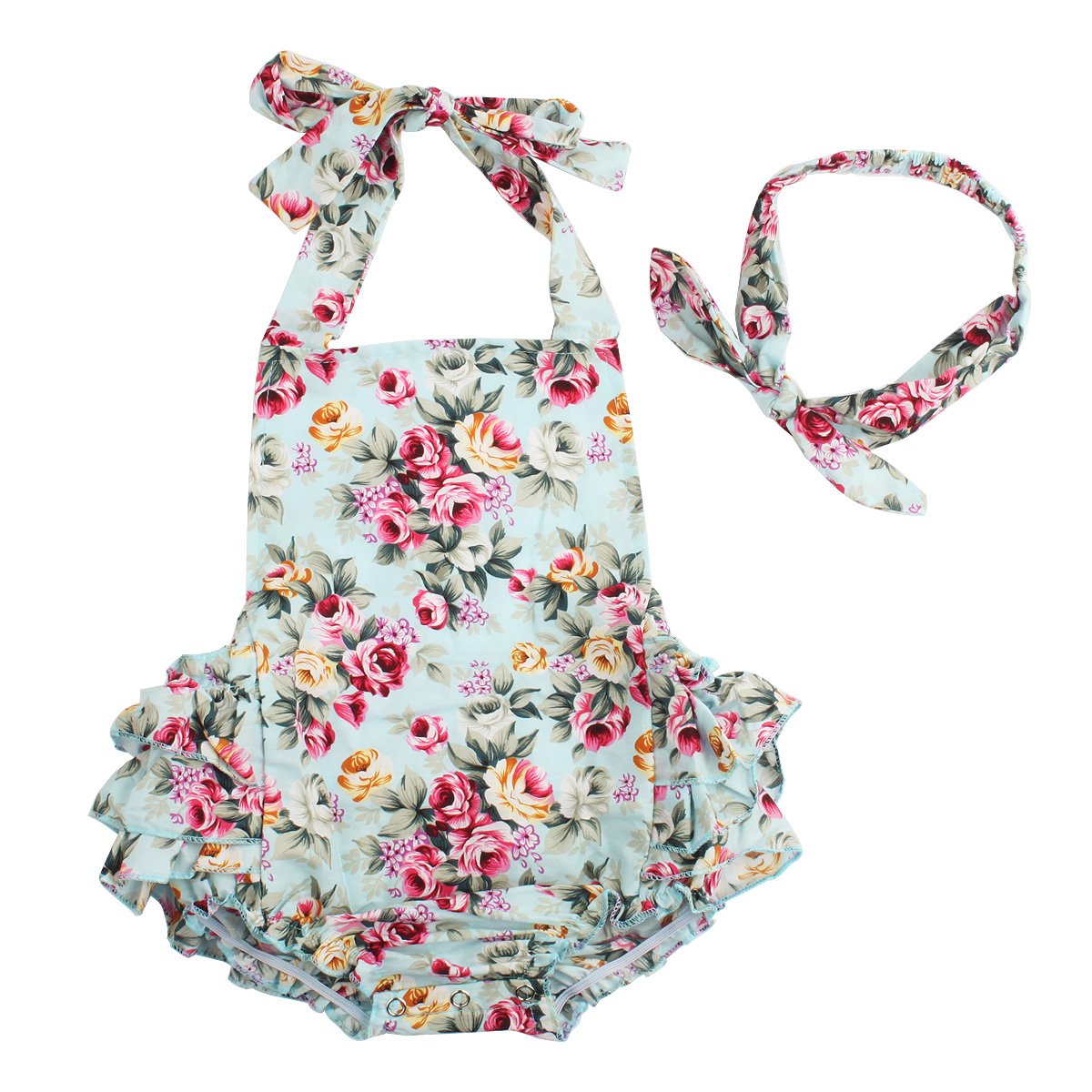 Baby Girls 2pcs Sets Cotton Ruffles Romper Outfits Clothes Blue Roses Flower 6 Months