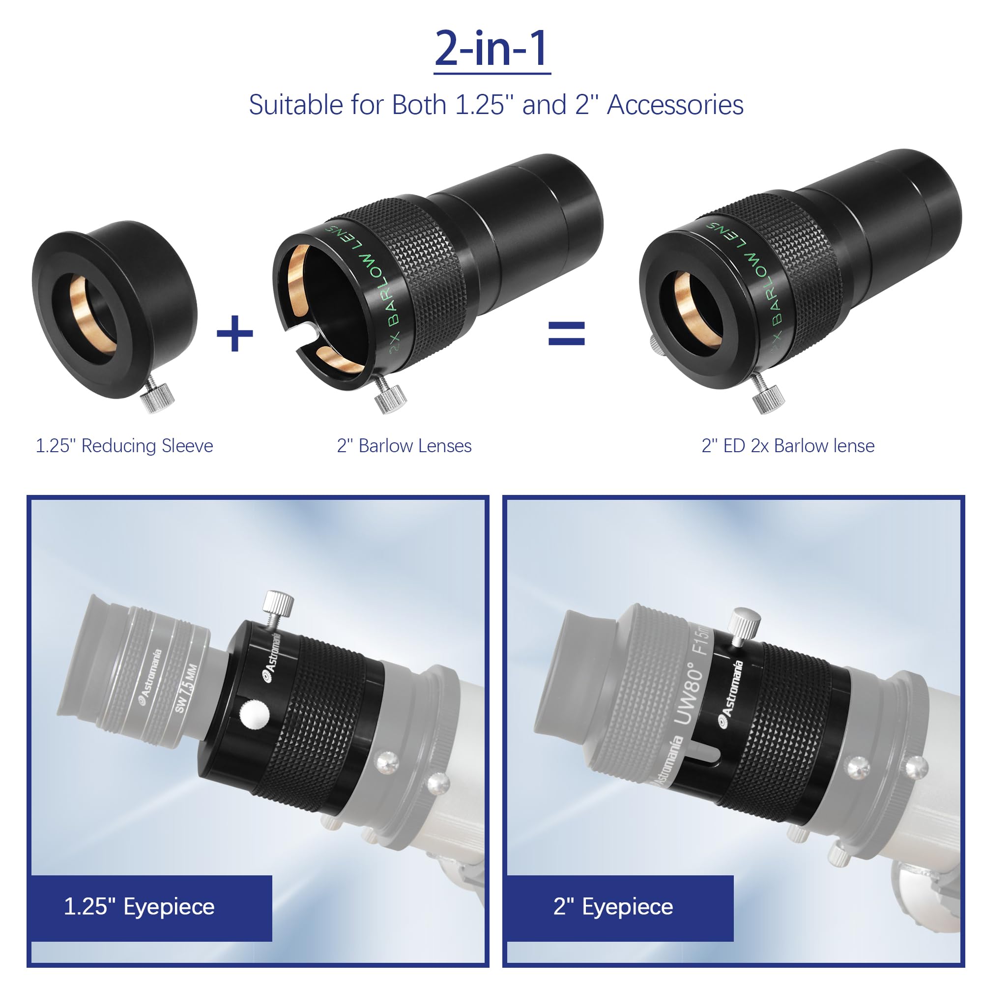 Astromania 2" ED 2X Dual Power Telescope Barlow Lens for Telescopes