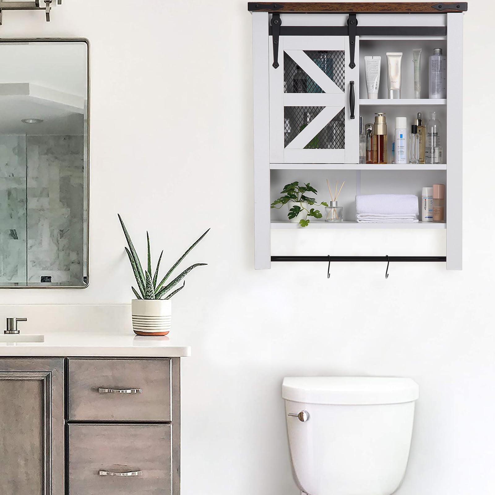 JoanKaren Bathroom Cabinet Wall Mounted with Towel Bar, Over Toilet Cabinet, Medicine Cabinet with Sliding Door Adjustable Shelves, Hanging Storage Cabinets for Bathroom Laundry Room Kitchen, White