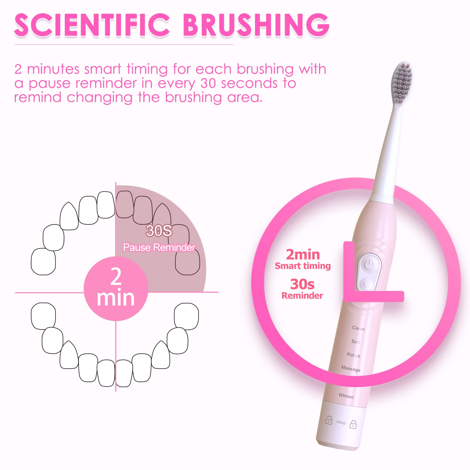 Chain Peak Sonic Electric Toothbrush for Men and Women, Rechargeable Smart Toothbrush with 6 Modes, 6 Brush Heads, 40000VPM, with Holder, Pink and White
