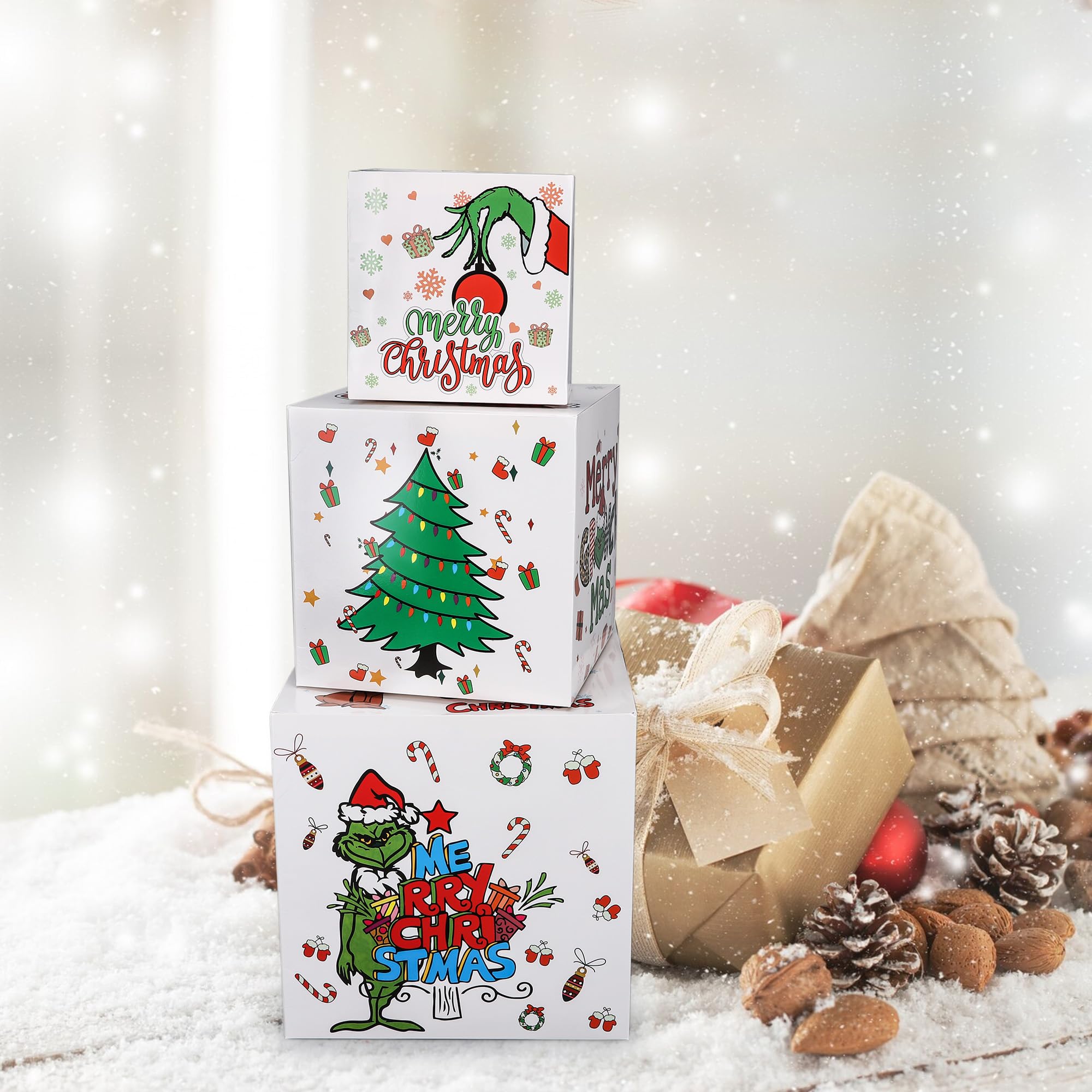 3 Pcs Christmas Nesting Gift Boxes,Christmas Stackable Gift Boxes Set with Lids Christmas Decorative Boxes for New Year Holiday Birthday Party Gift Decor