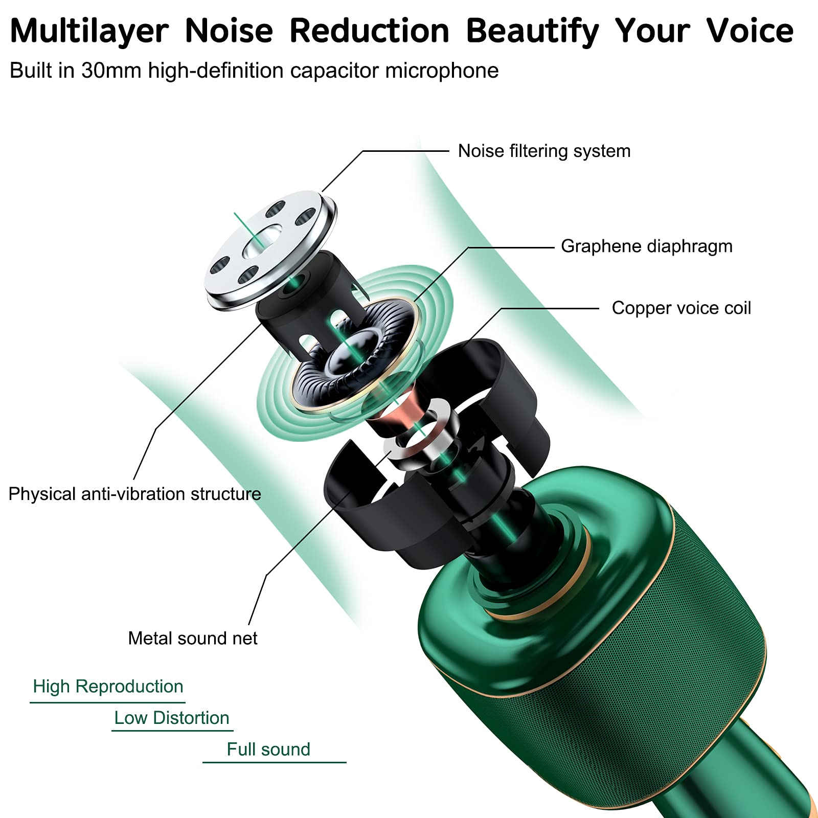 AsperX Karaoke Microphone, Wireless, Bluetooth, Portable, 5 in 1 Microphone with 40W Full Range Stereo Speaker for Singing, Suitable for Adults & Kids, Perfect for Birthday, Home Party (Green)