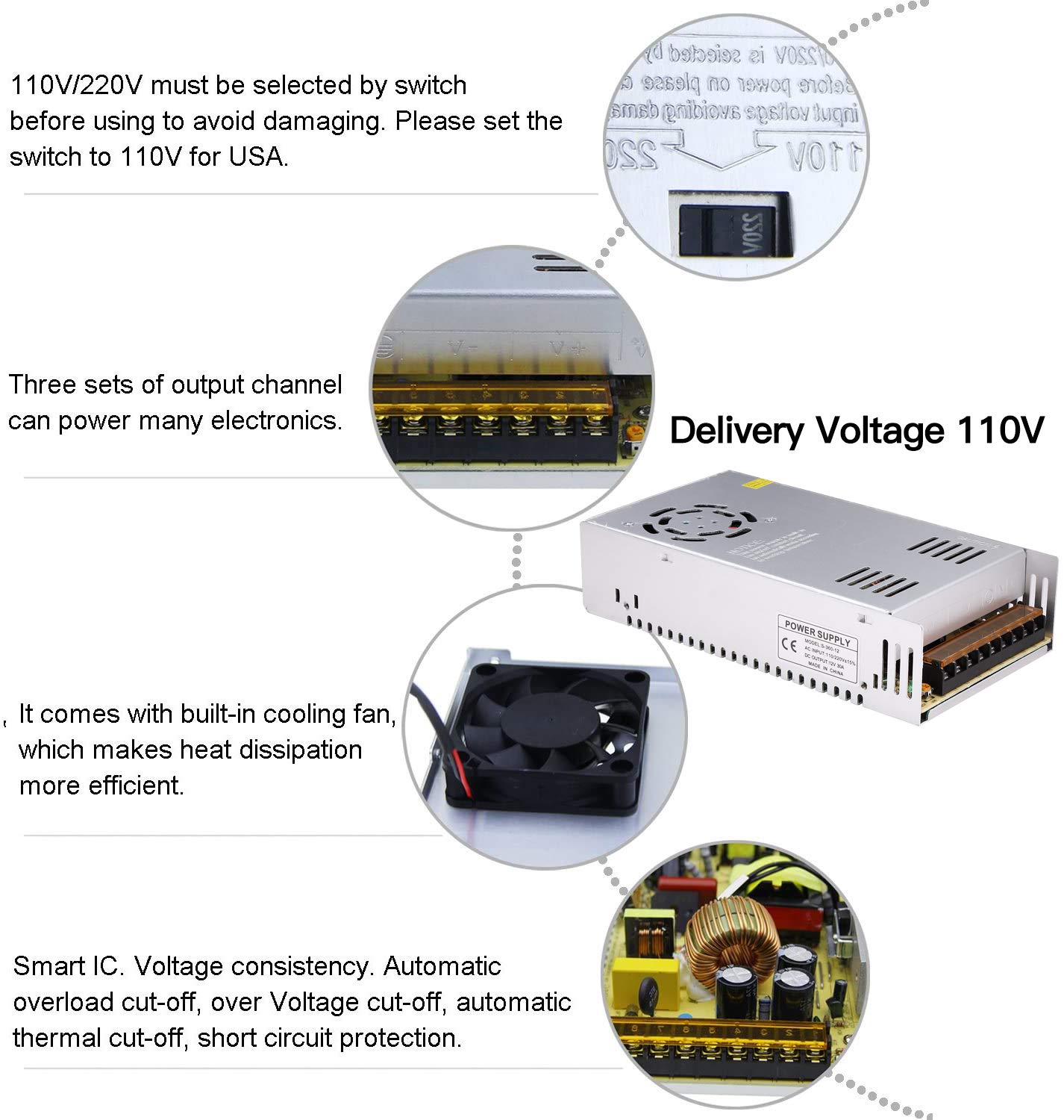 DC 12V 30A Power Supply 360W Universal Regulated Switching AC to DC Converter AC110V/220V (SMPS) Transformer Driver Adapter for LED Strip Light, CCTV Camera Security System, Radio, Computer Project