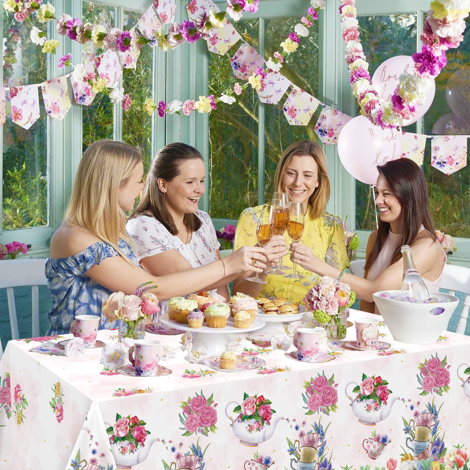 4 Pack Tea Party Decoration Floral Tea Party Tablecloth Tea Party Birthday Supplies 86β x 51β Rectangle Plastic Spring Disposable Floral tea party Table Cover Baby Shower Floral Birthday Decorations