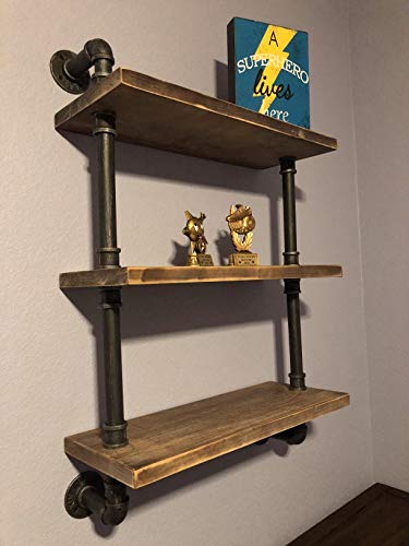 FODUE Industrial Pipe Shelving Bookshelf Rustic Modern Wood Ladder Storage Shelf 3 Tiers Retro Wall Mount Pipe Design DIY Shelving