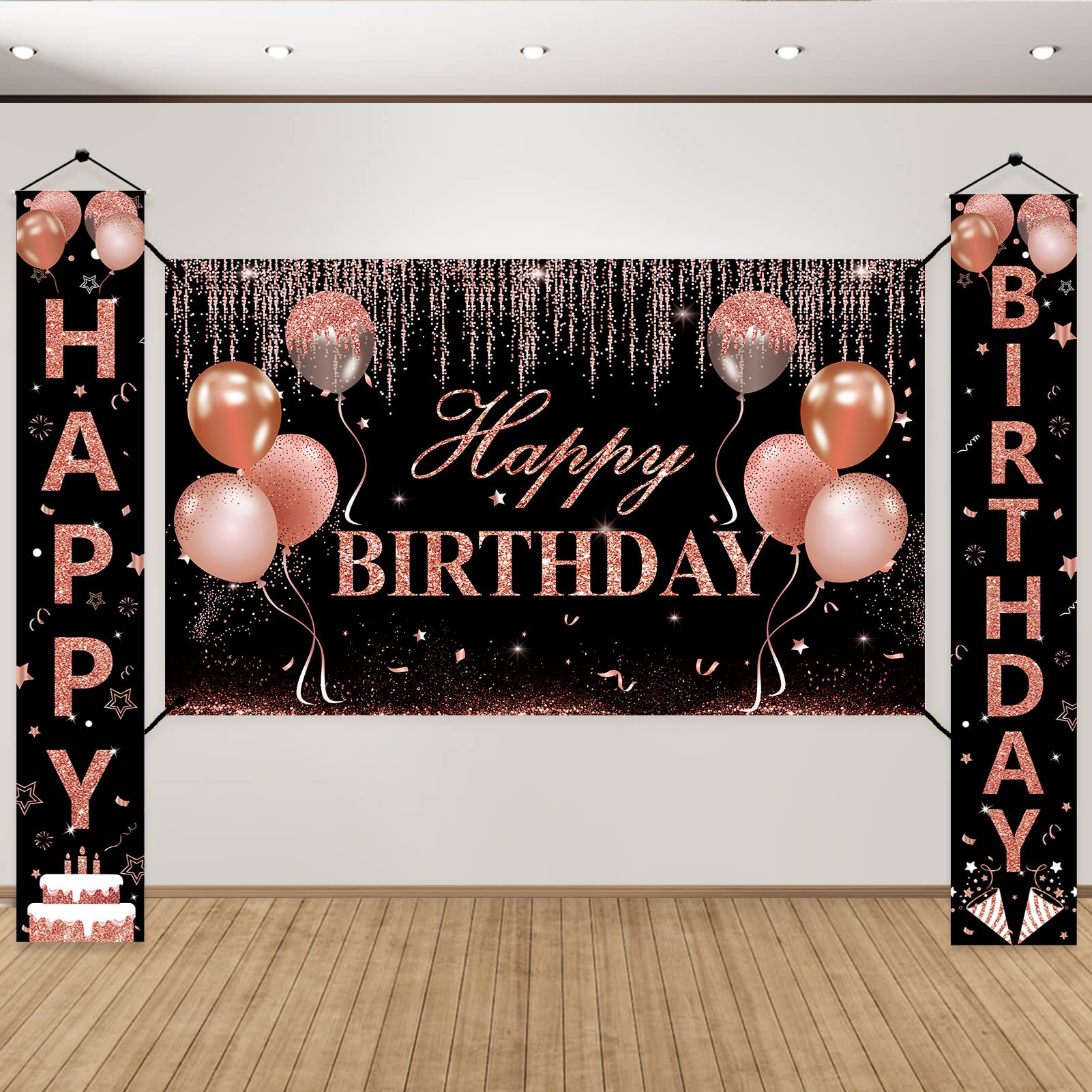 3pcs Rose Gold Birthday Banner Decorations for Women Girls, Happy Birthday Door Banner Backdrop Porch Sign Party Supplies for 16th 18th 30th 40th 50th