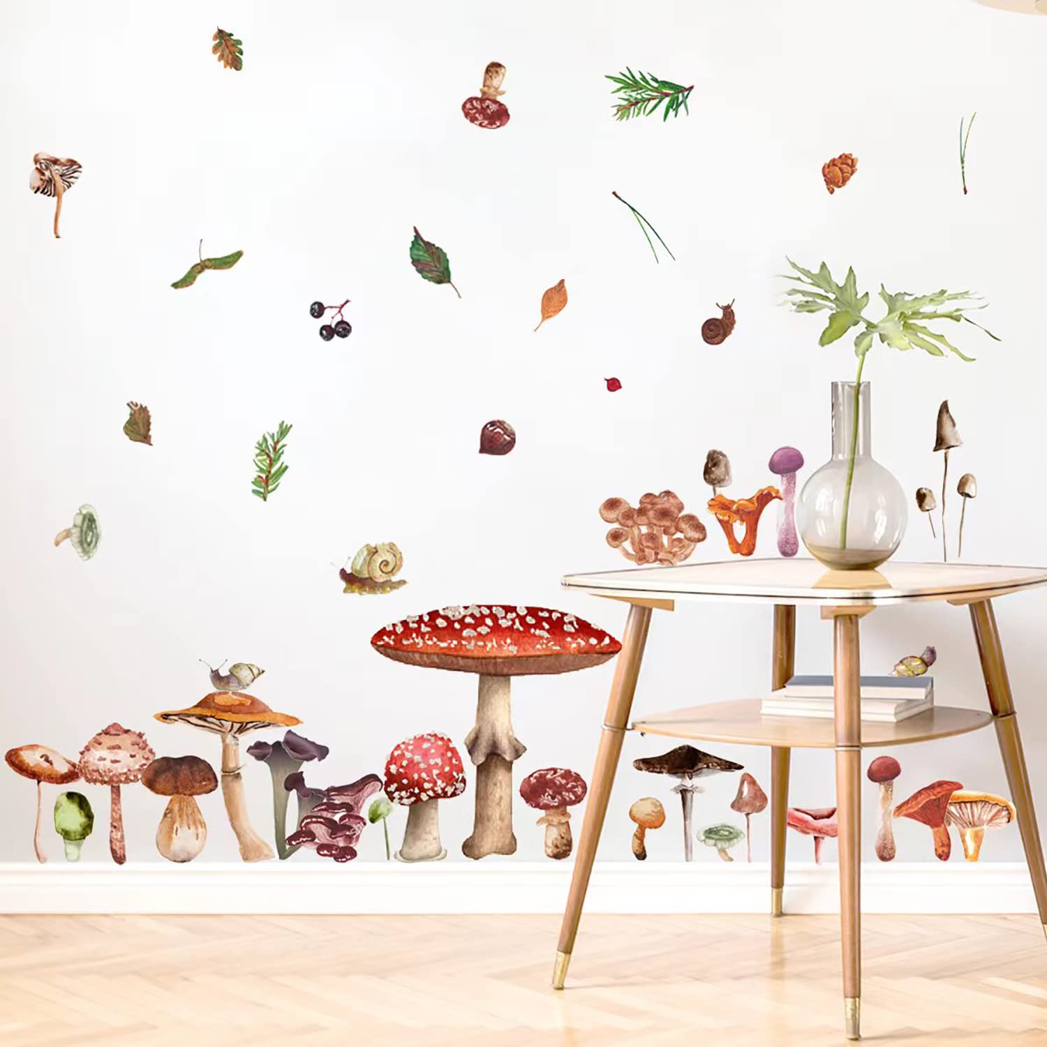 Glenmal 72 Pcs Watercolor Mushroom Wall Decals Giant Mushroom Decal Walls Peel and Stick Removable Mushroom Wall Decor Wallpaper Vinyl Wall Sticker for Bedroom Furniture(Retro Style)