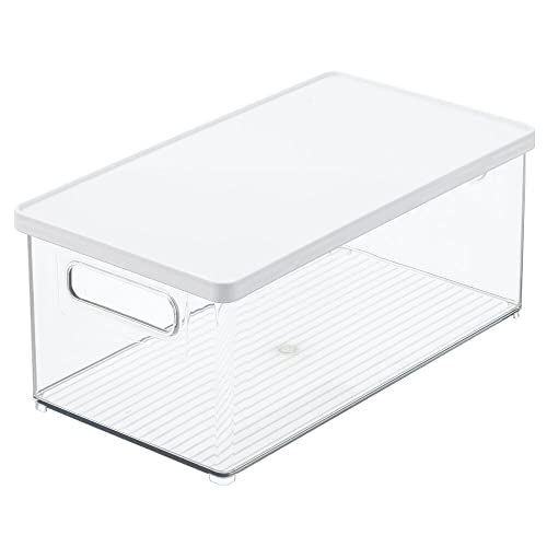 mDesign Plastic Pantry Storage Box Container with Lid and Built-In Handles - Organization for Flour, Cereal, Pasta, Rice, or Food in Kitchen Cupboard, Ligne Collection, Clear/White