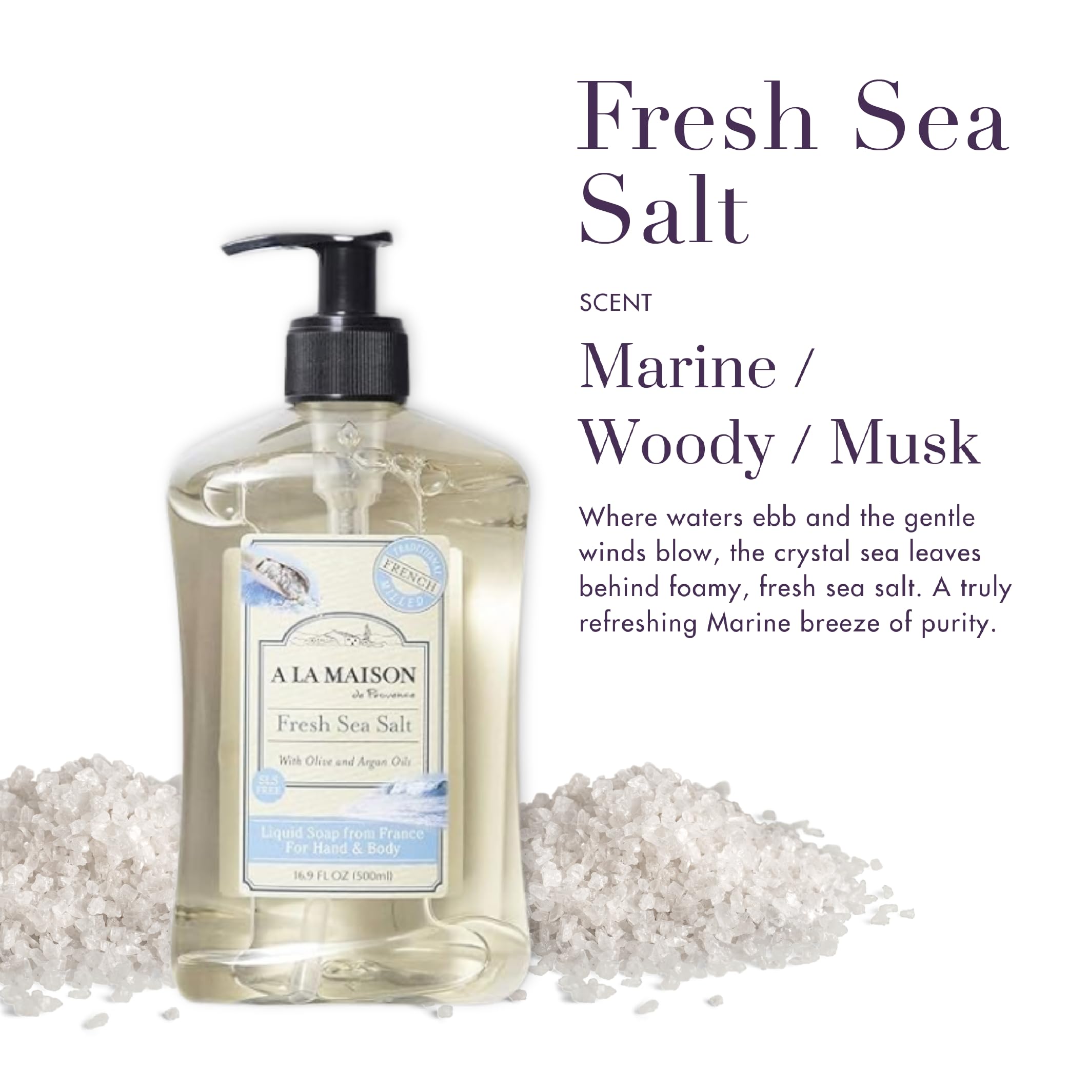 A LA MAISON French Liquid Hand Soap, Fresh Sea Salt - Natural Hand Wash Made with Essential Oils - Biodegradable, Plant-Based, Vegan, Cruelty-Free, Alcohol & Paraben Free (16.9 oz, 3 Pack)