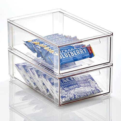 mDesign Plastic Stackable Kitchen Storage Organizer Bin Containers with Front Pull Drawer for Cabinet, Pantry, Fridge, Freezer, Shelf, Refrigerator Organization - Lumiere Collection - 2 Pack - Clear