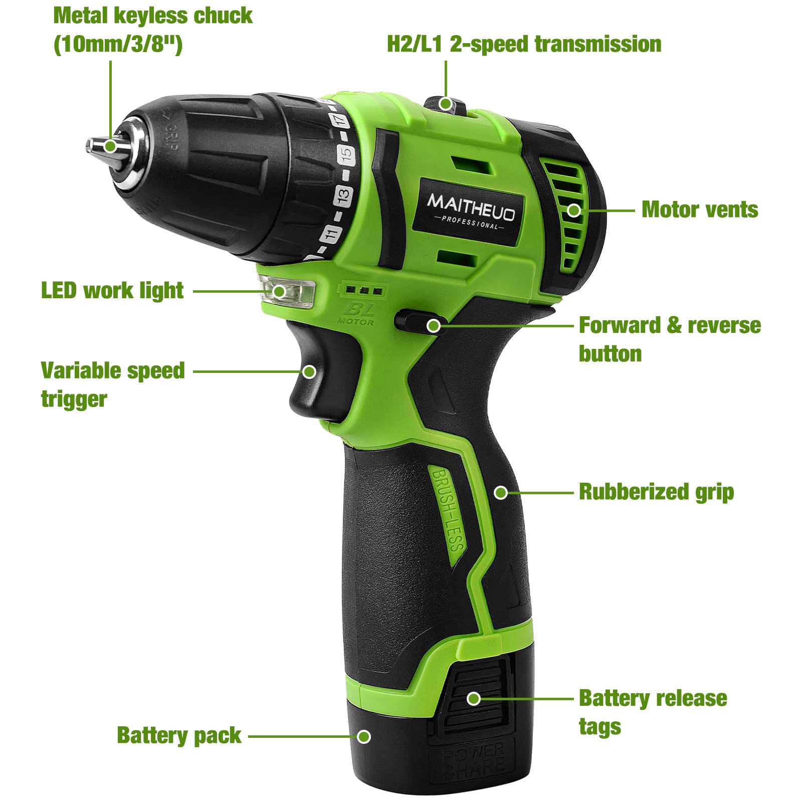 18V Cordless Drill, MAITHEUO Brushless Power Drill with 2Pcs Battery and Charger, 3/8”Keyless Chuck, 2 Variable Speed, 20+1 Torque Setting Electric Drill, Power Tools Kit for Man/Women Home Use