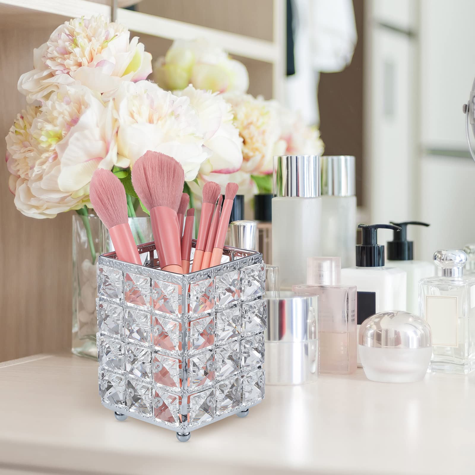2 Packs Crystal Makeup Brush Holder Organizer Cosmetics Brushes Storage Cup Handcrafted Pen Pencil Holder Container, Square (Silver)