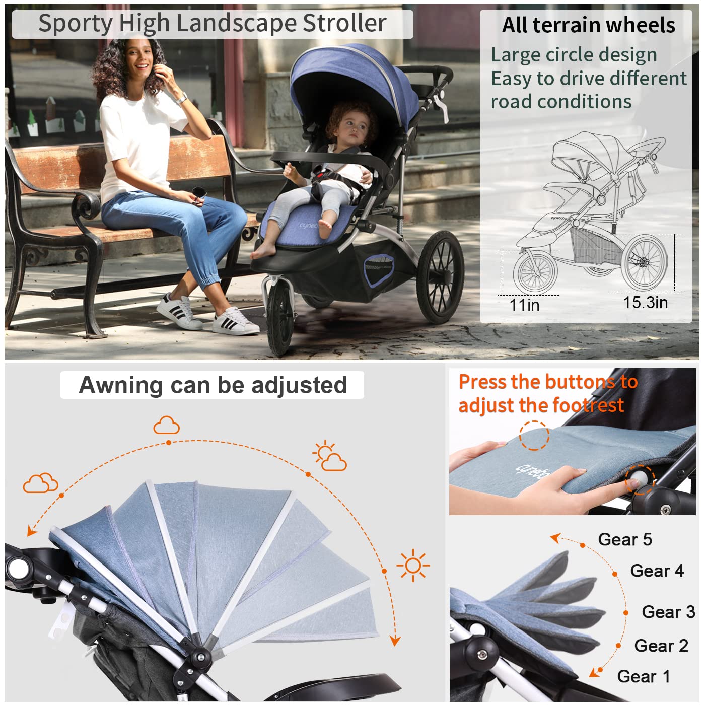 Baby Jogging Stroller for Toddler Kids Compact Single City Jogger Strollers All Terrain Jog 3 Wheels Pushchair Expedition with Parent Console (Blue)