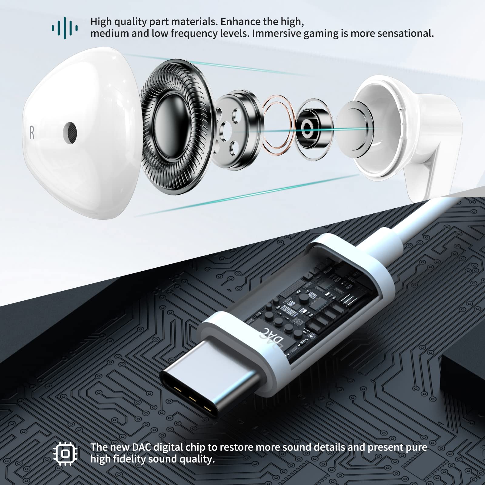 HGCXING USB C Headphone for iPhone 16 15 Pro Max Samsung S25 Ultra S24 FE Galaxy Tab S10+, HiFi Stereo Type C Earphone with Microphone, Wired Earbuds with Volume Control for iPad 10 Google Pixel 9 Pro
