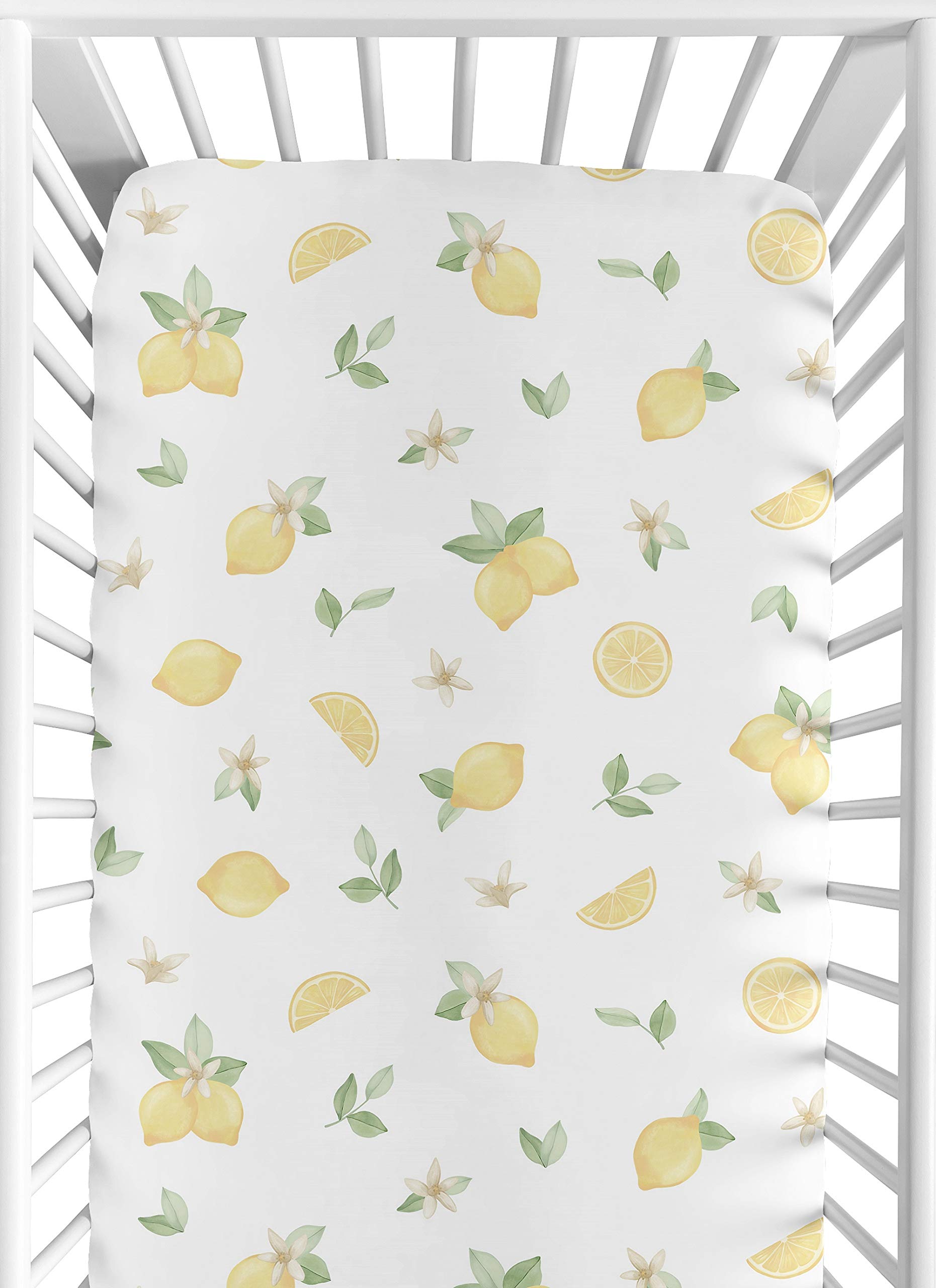 Sweet Jojo Designs Lemon Floral Girl Fitted Crib Sheet Baby or Toddler Bed Nursery - Yellow Green Beige White Watercolor Boho Bohemian Farmhouse Fruit Flower Blossom Botanical Leaf