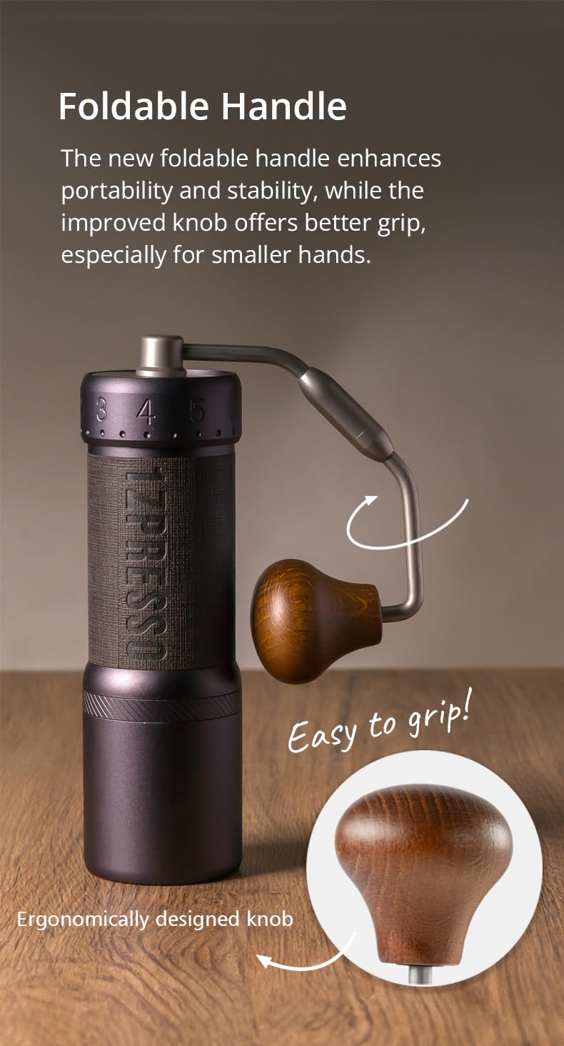 1Zpresso J-Max S Manual Coffee Grinder Iron Gray, Coated Conical Burr,Foldable Handle, Magnet Catch Cup Capacity40g, Numerical Adjustable Finely Setting, Faster Grinding Efficiency ideal for Espresso