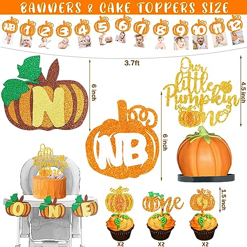174 PCs Our Little Pumpkin Is Turning One Decorations, Hombae Thanksgiving Fall Pumpkin 1st Birthday Party Backdrop Balloon Garland Maple Leaf Banner Tablecloth Box Cutout Cake Topper Crown Poster