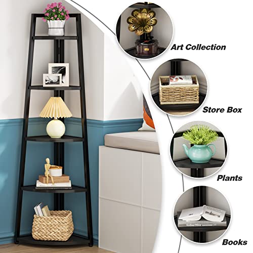 Tribesigns 5 Tier Corner Bookshelf and Bookcase, 70 inch Tall Corner Shelves Rustic Corner Ladder Shelf Indoor Plant Stand for Living Room, Kitchen, Home Office (Black)