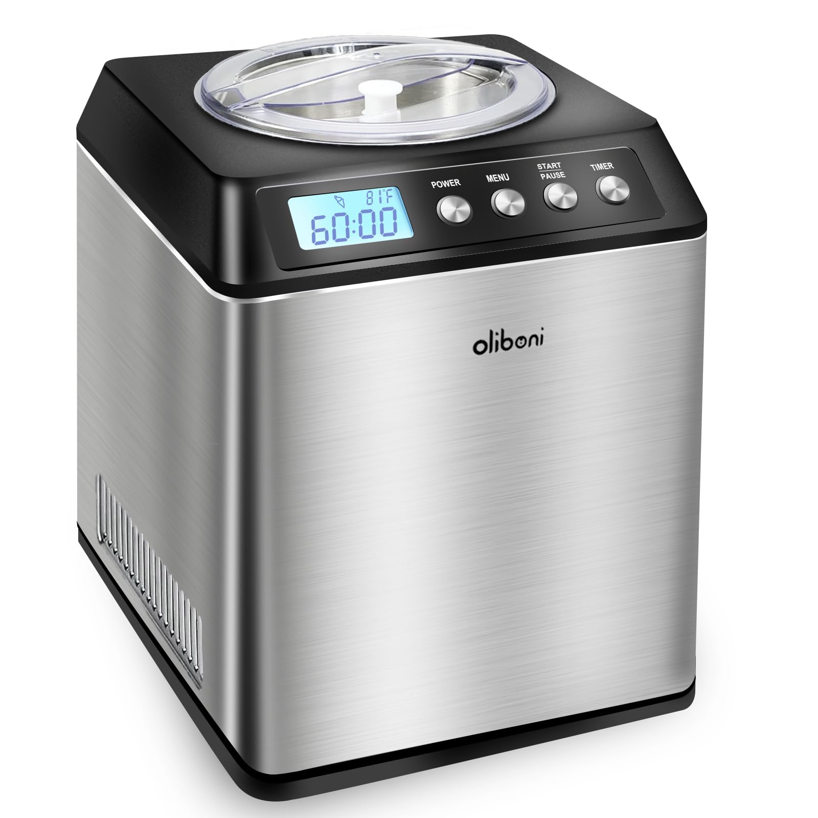 2.6 Qt Ice Cream Maker with Compressor, LCD Digital Display & Timer, No Pre-freezing, Countertop Gelato Makers, Automatic Ice Cream Machine for Homemade Use, Stainless Steel