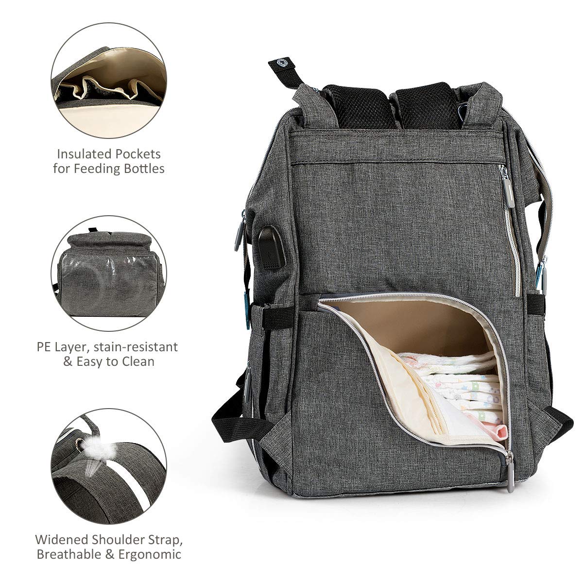 BABY JOY Diaper Bag Backpack, Waterproof Stylish Multifunction Large Capacity Travel Back Pack, Maternity Nappy Bag for Baby Care W/Stroller Straps, Changing Pad, Built-in USB Charging Port, Gray
