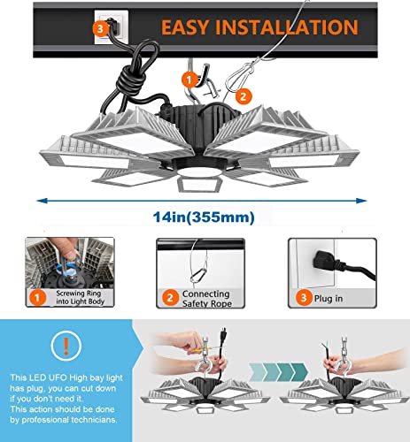 300W LED shop light, 6500K, 1000W Eq- Ultra-Bright high Bay for workshop, 30000lm Plug-in with Hanging Hook, Safety Rope - Ideal for Garage, Warehouse, Residential Barn, Factory, Workshop Lighting