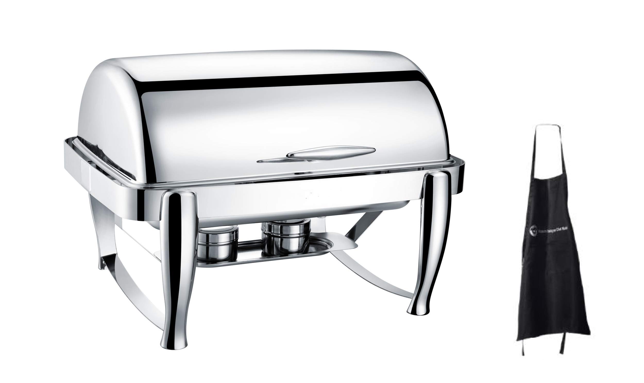 CHEFQ Virtuosa Stainless Steel Oblong 8QT Chafer, Roll-top Set Includes Food Pan, Water Pan and Fuel Holders – Durable, shiny silver, keeps food warm in catered events + CHEFS APRON