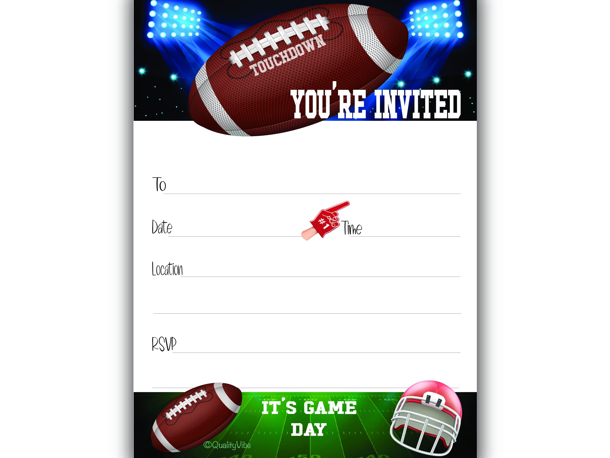 25 Football Theme Invitations With Envelopes, Fill In Style You're Invited, It's Game Day With Field & Baseball Helmet. Invite Cards For Baseball Game Or Baseball Theme Birthdays For Kids & Adults. Thick & Non Coated Cardstock For Use With Any Pen.
