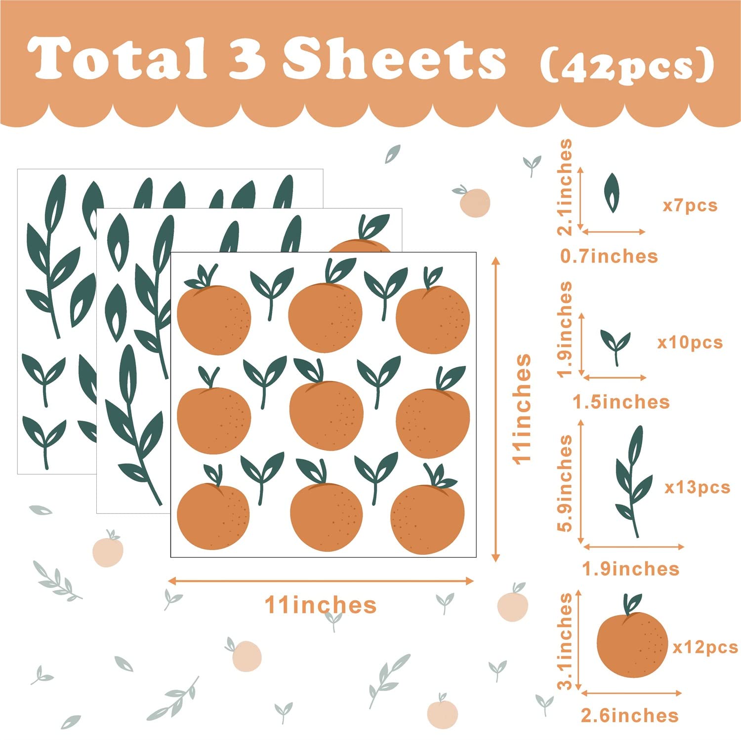 IKEYU Tangerines Green Leaves Wall Decals Boho Wall Decal Stickers Fruit Orange Wall Decal Kitchen Plant Leaf Wall Stickers for Nursery Bedroom Bathroom Kids Room Decor