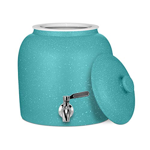 Geo Sports Bottles Porcelain Ceramic Crock Water Dispenser, 8 Inch Wood Stand, Stainless Steel Faucet, Valve and Lid Included. Fits 3 to 5 Gallon Jugs. BPA (Baby Blue with Speckles)